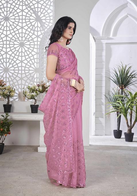 Buy Women Pink Embroidered Net Saree Set - XSR44693 - Pink Saree - Indya