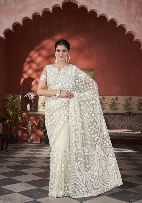 Buy Women White Embroidered Net Saree Set - XSR44720 - Plus Size Saree ...