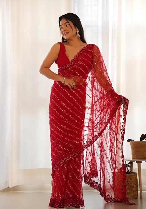 Buy Women Red Embroidered Net Saree Set - XSR44726 - Red Saree - Indya