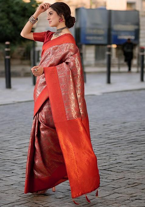 Buy Women Rust Brown Jacquard Poly Silk Saree - XSR45488 - Chiffon ...