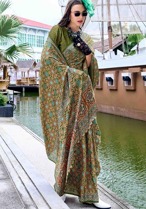 Buy Women Mehendi Green Print Satin Saree Set - XSR454997 - Traditional ...