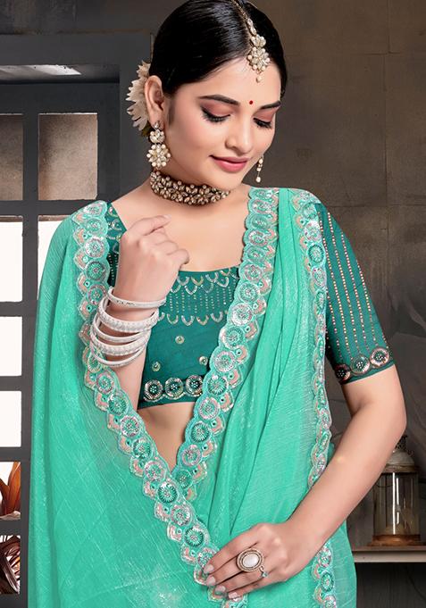Buy Women Light Jade Green Embroidered Silk Saree Set - XSR46179 - Silk Sarees - Indya