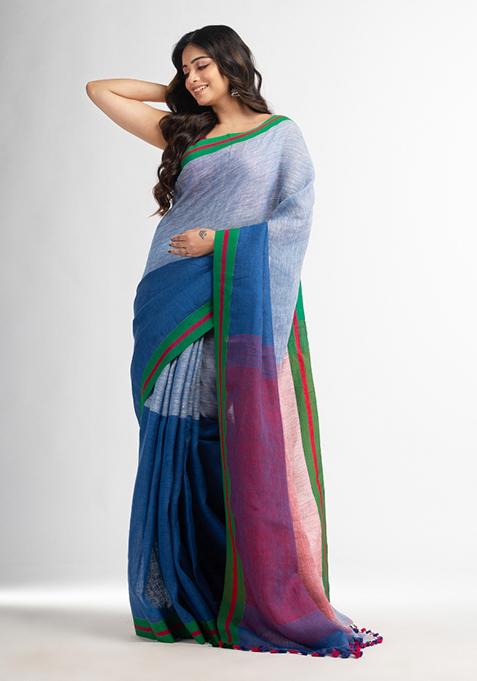 Buy Women Blue Solid Linen Saree Set - XSR46401 - Blue Sarees - Indya