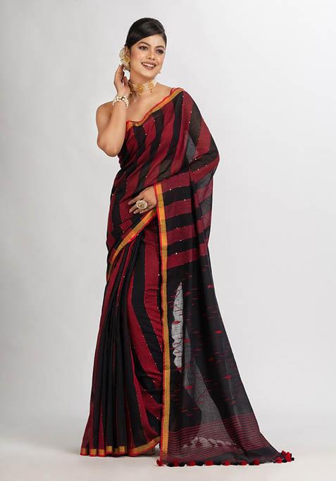 Buy Women Black Woven Cotton Saree Set - XSR46516 - Plus Size Saree - Indya