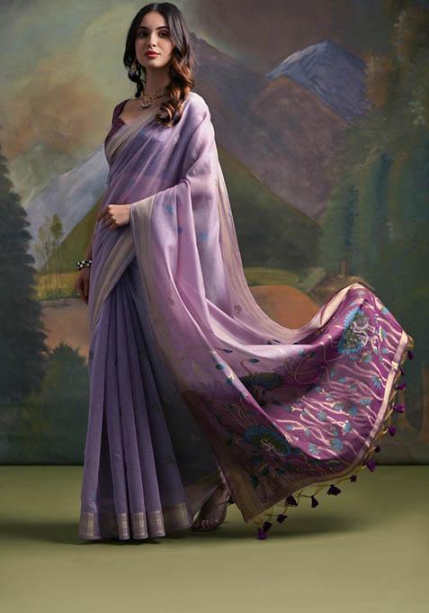 Buy Women Purple Woven Cotton Saree Set - XSR48718 - Traditional Pre ...