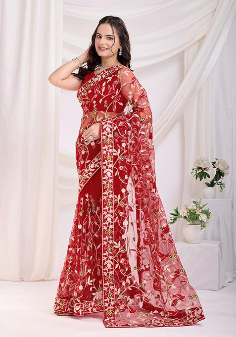 Buy Women Red Embroidered Soft Saree Set - XSR49159 - Red Saree - Indya