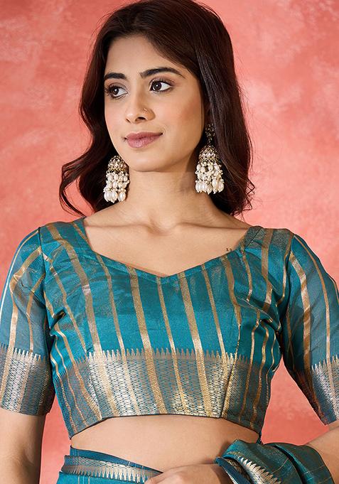Buy Women Teal Blue Woven Design Organza Saree Set - XSR49597 - Mordern ...