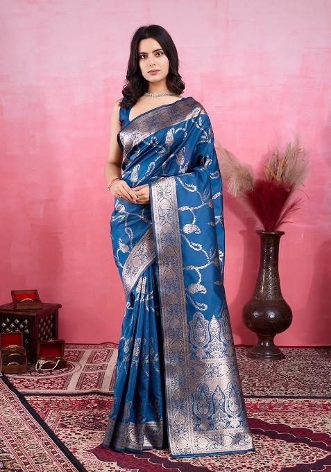 Buy Women Mor Pich Blue Solid Jacquard Saree - XSR54638 - Blue Sarees ...