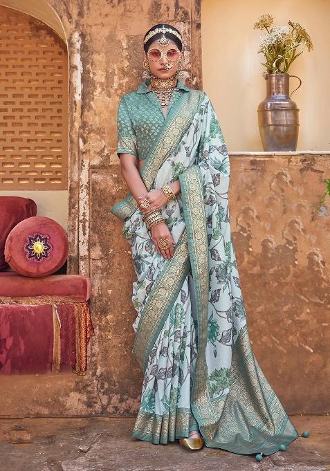 Buy Women Irish Mint Green Printed Silk Blended Saree Set - XSR72025 ...
