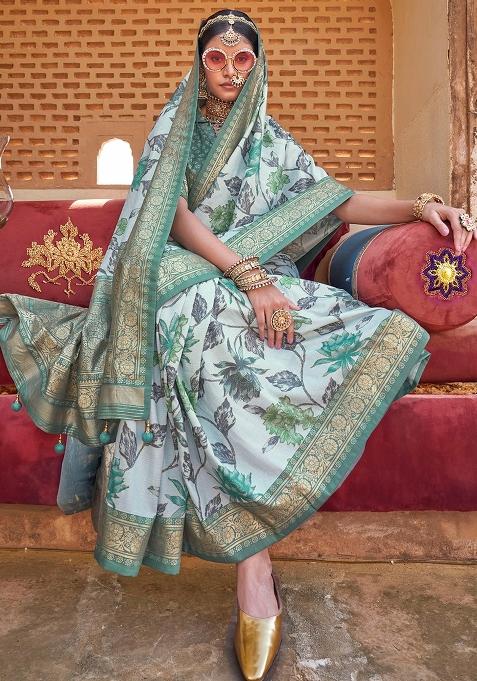 Buy Women Irish Mint Green Printed Silk Blended Saree Set - XSR72025 ...