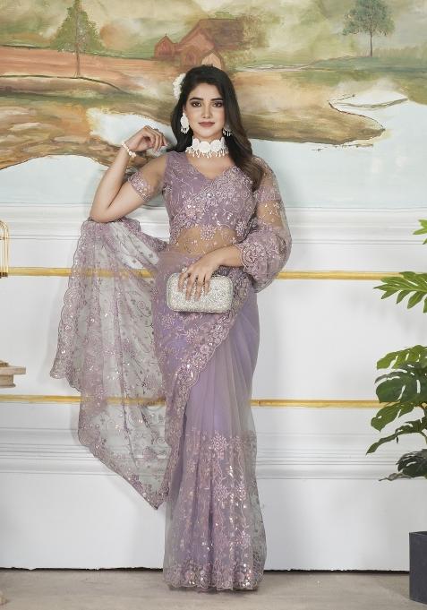 Buy Women Purple Embroidered Net Saree Set - XSR72042 - Silk Sarees - Indya