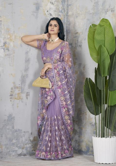 Buy Women Purple Embroidered Net Saree Set - XSR72044 - Embroidered - Indya