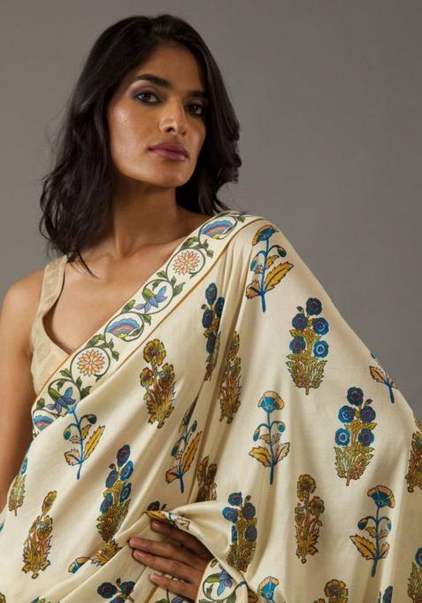 Buy Women Cream Embroidered Silk Saree Set - XSR75199 - Silk Sarees - Indya