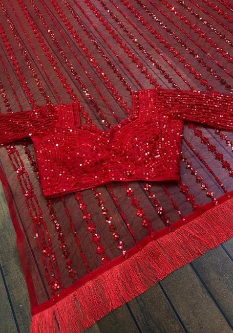 Buy Women Red Sequin Work Net Saree Set - XSR78702 - Mordern Pre ...