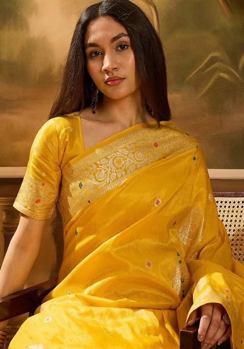 Buy Women Mustard Embroidered Simmer Saree Set - XSR82755 - Saree 1 - Indya
