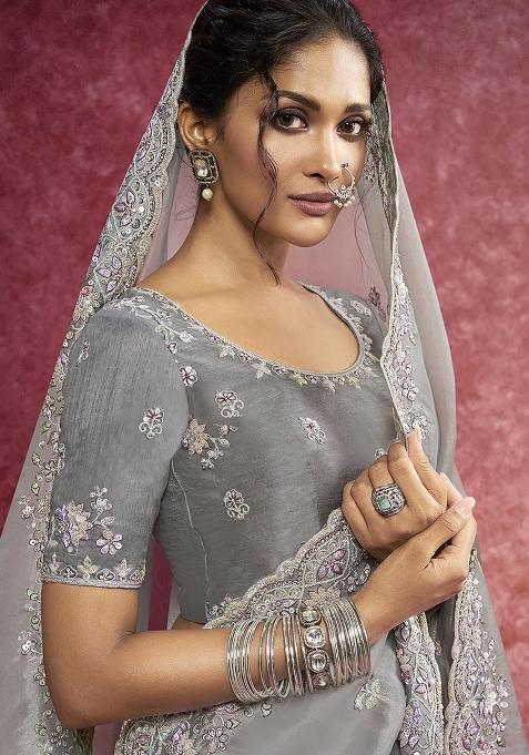 Buy Women Gray Thread Sequence Work Poly Blended Saree Set - XSR89172 ...