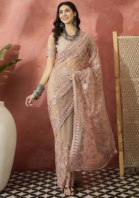 Buy Women Dusty Pink Embroidered Net Saree Set - XSR98305 - Modern ...