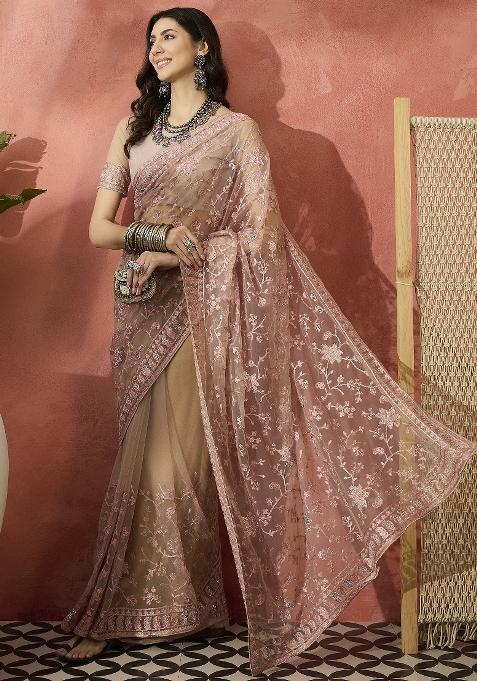 Buy Women Dusty Pink Embroidered Net Saree Set - XSR98305 - Modern ...