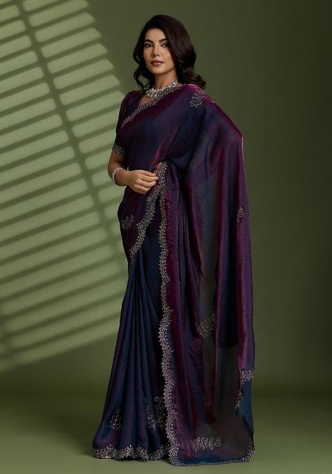 Buy Women Wine Embellished Silk Saree Set - XSS23210 - Sarees - Indya