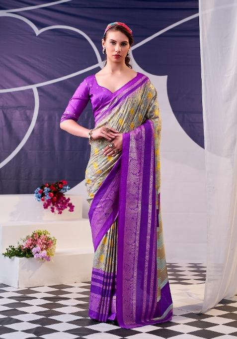 Buy Women Purple Floral Print Silk Saree Set - XSS28383 - Sarees - Indya