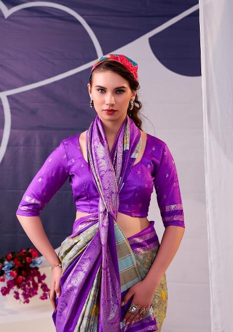 Buy Women Purple Floral Print Silk Saree Set - XSS28383 - Sarees - Indya