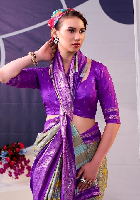 Buy Women Purple Floral Print Silk Saree Set - XSS28383 - Sarees - Indya