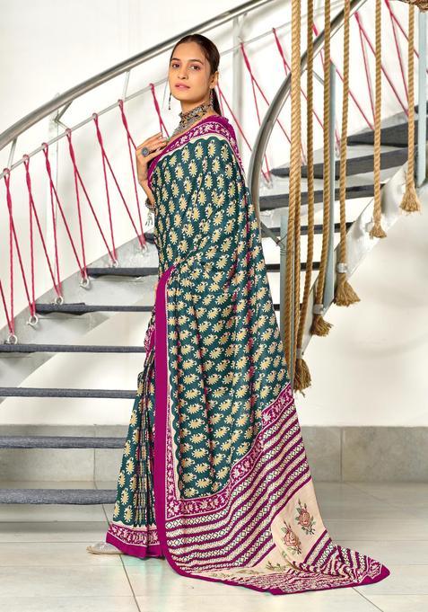 Buy Women Teal Paisley Cotton Saree Set - XSS29901 - Sarees - Indya