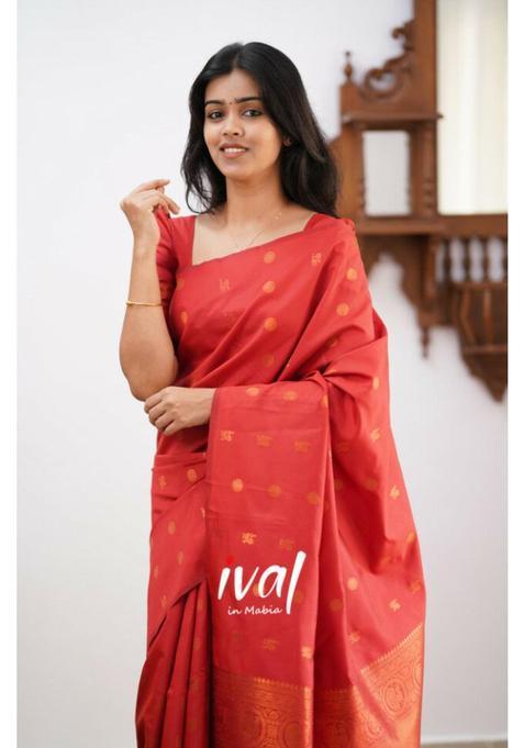 Buy Women Red Woven Silk Saree Set - XSS30191 - Sarees - Indya