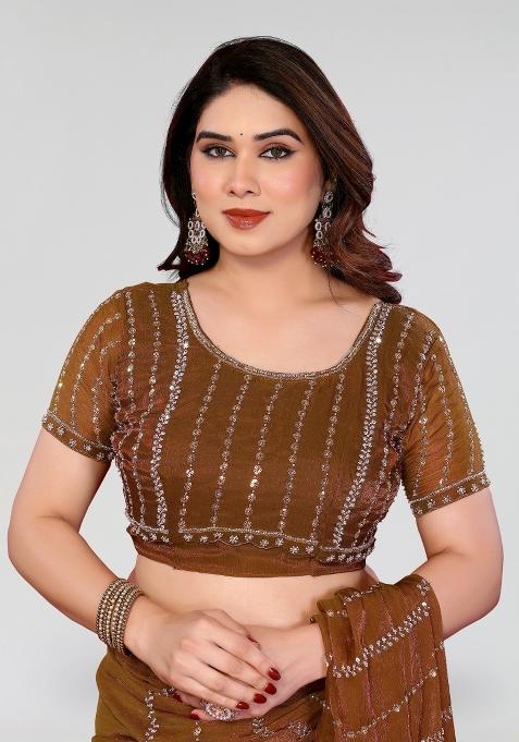 Buy Women Brown Beads Work Silk Saree Set - XSS31309 - Sarees - Indya