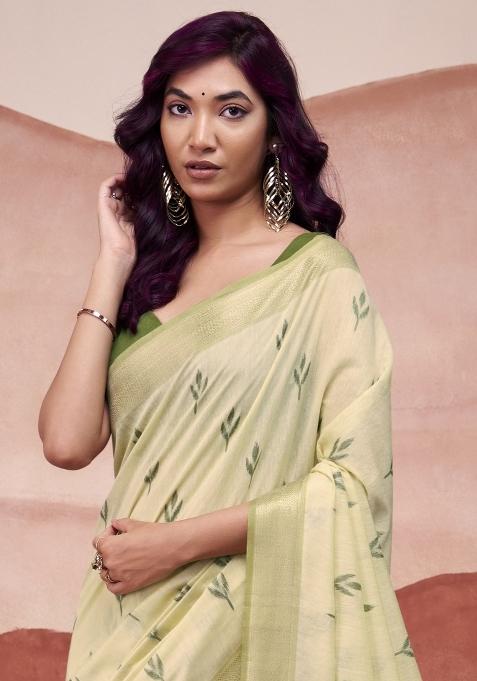 Buy Women Yellow Floral Print Linen Saree Set - XSS31566 - Sarees - Indya
