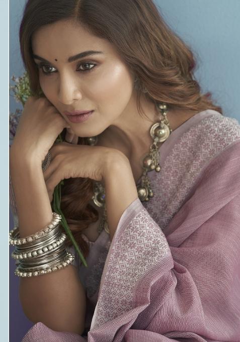 Buy Women Pink Floral Print Linen Saree Set - XSS31628 - Sarees - Indya