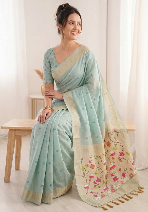 Buy Women Light Blue Weaving Cotton Saree Set - XSS31700 - Sarees - Indya