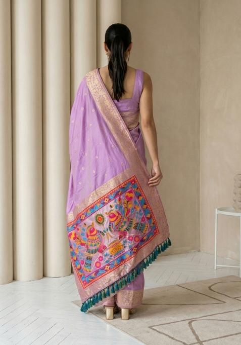 Buy Women Light Purple Zari Work Silk Saree Set - XSS31740 - Sarees - Indya