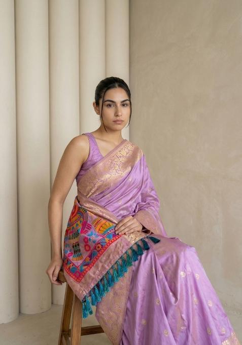 Buy Women Light Purple Zari Work Silk Saree Set - XSS31740 - Sarees - Indya