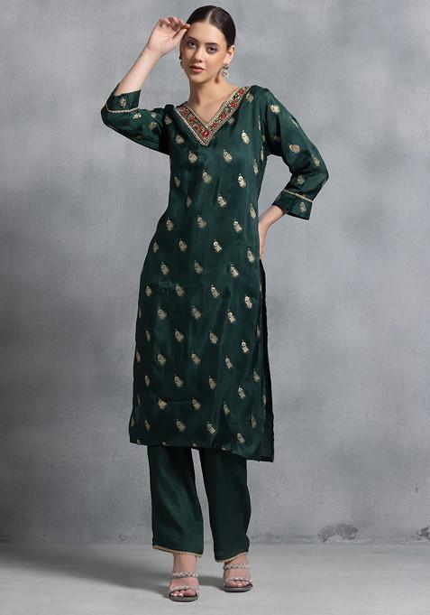Buy Women Green Floral Sequin Hand Work Kurta Set With Pants And ...