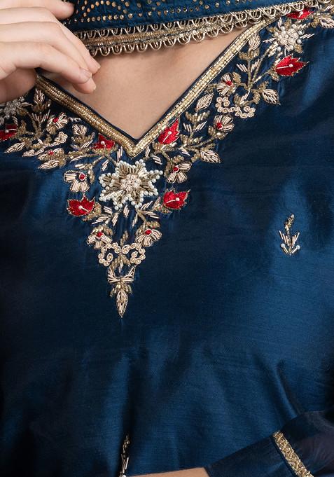 Buy Women Teal Blue Floral Bead Hand Work Kurta Set With Pants And ...