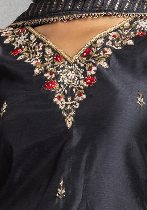 Buy Women Grey Floral Bead Hand Work Kurta Set With Pants And ...