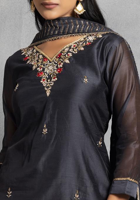 Buy Women Grey Floral Bead Hand Work Kurta Set With Pants And ...