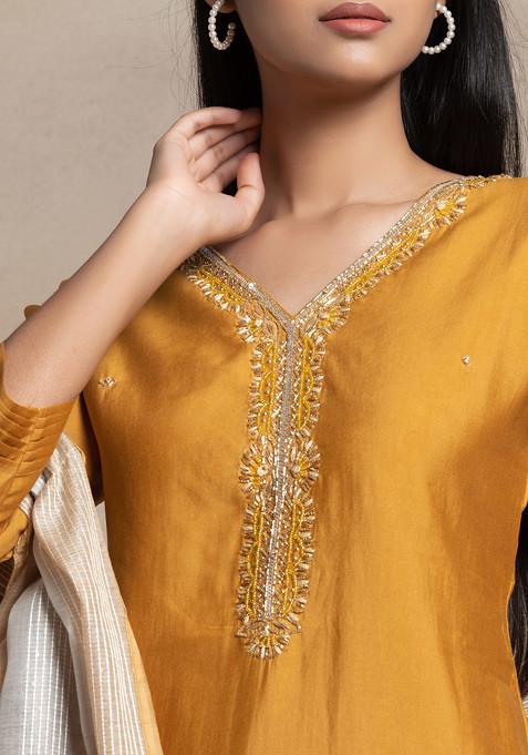Buy Women Mustard Sequin Cutdana Hand Work Kurta Set With Pants And Embellished Dupatta ...