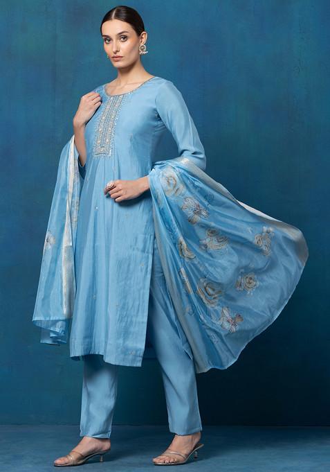 Buy Women Pastel Blue Bead Cutdana Hand Embroidered Kurta Set With ...