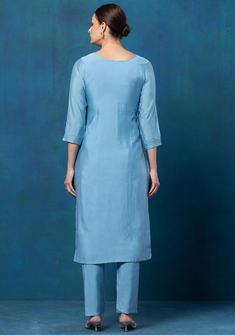 Buy Women Pastel Blue Bead Cutdana Hand Embroidered Kurta Set With ...