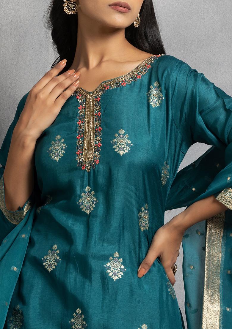 Buy Women Green Floral Sequin Embellished Kurta Set With Pants And Self