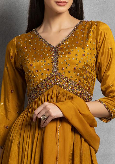 Buy Women Mustard Bead Embellished Kurta Set With Palazzo And ...