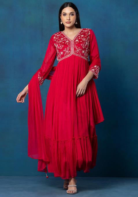 Buy Women Pink Cutdana Bead Hand Embellished Anarkali With Dupatta ...