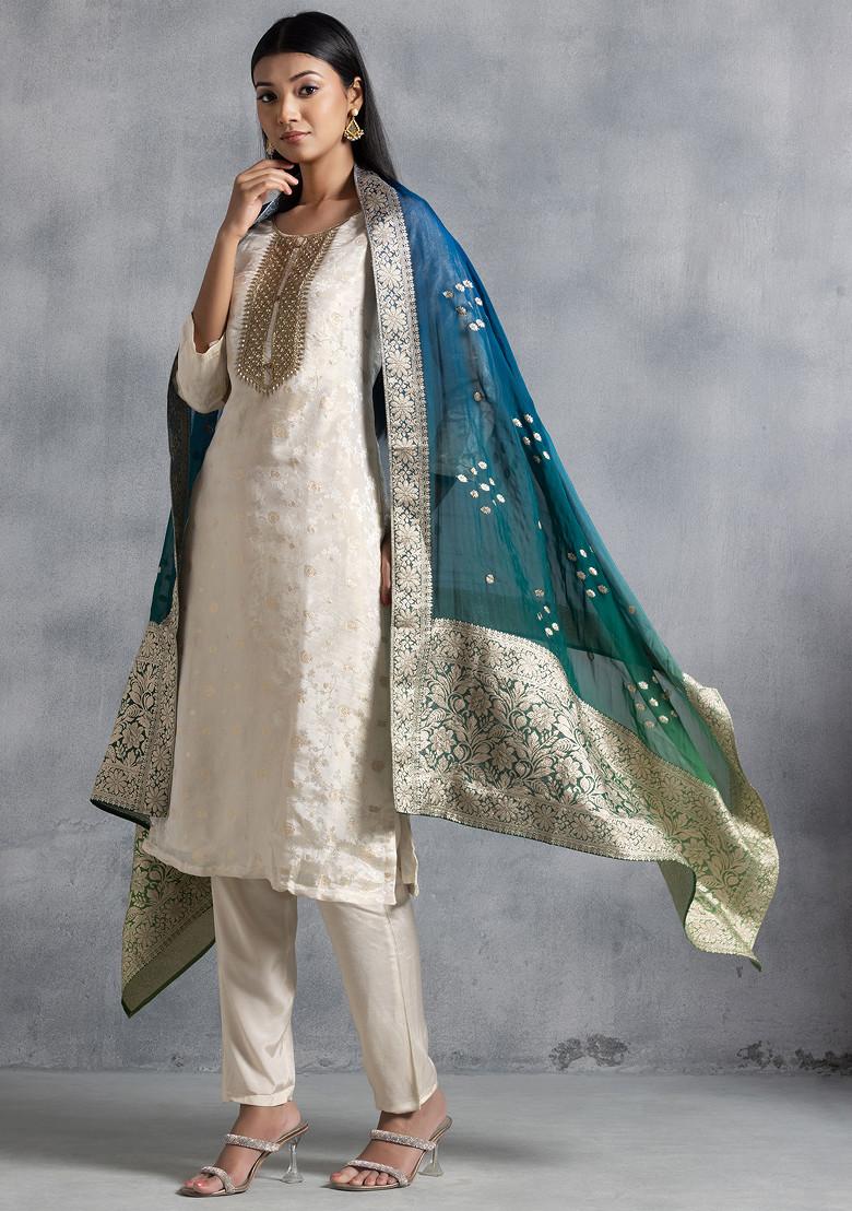 Buy Women Ivory Floral Self Design Kurta Set With Pants And Green ...