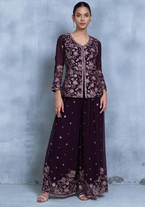 Buy Women Purple Sharara Set With Floral Zari Embroidered Short Kurta ...