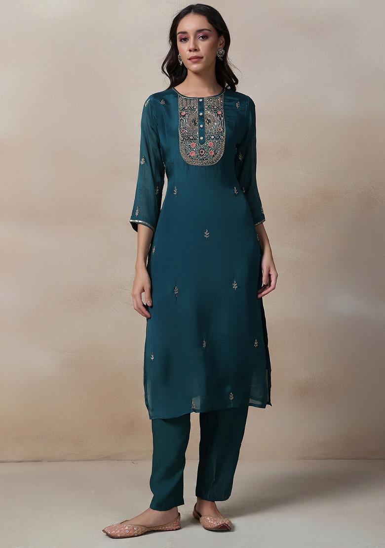 Buy Women Deep Green Bead Sequin Embellished Kurta Set With Pants And ...