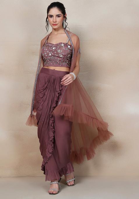 Buy Women Dusty Pink Jacket Set With Bead Embellished Blouse And Skirt ...