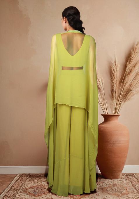 Buy Women Yellow Jacket Set With Embellished Blouse And Palazzo ...