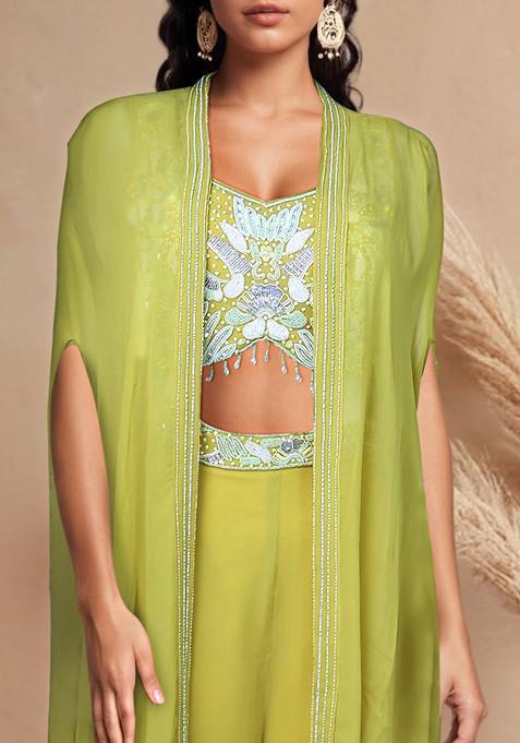 Buy Women Yellow Jacket Set With Embellished Blouse And Palazzo ...